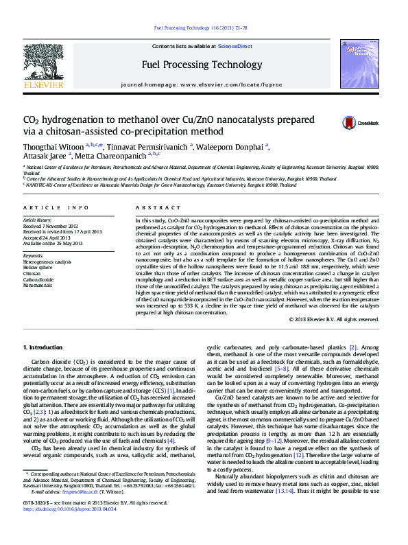 (PDF) CO2 hydrogenation to methanol over Cu/ZnO nanocatalysts prepared via a chitosan-assisted ...