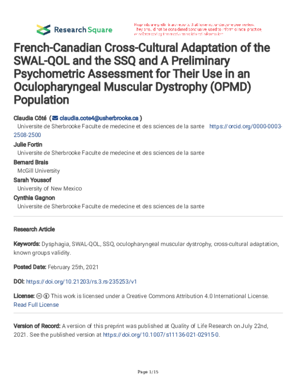 (PDF) Cross-cultural adaptation of the SWAL-QOL and the Sydney Swallow ...
