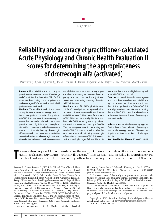 (PDF) Reliability and accuracy of practitioner-calculated Acute ...