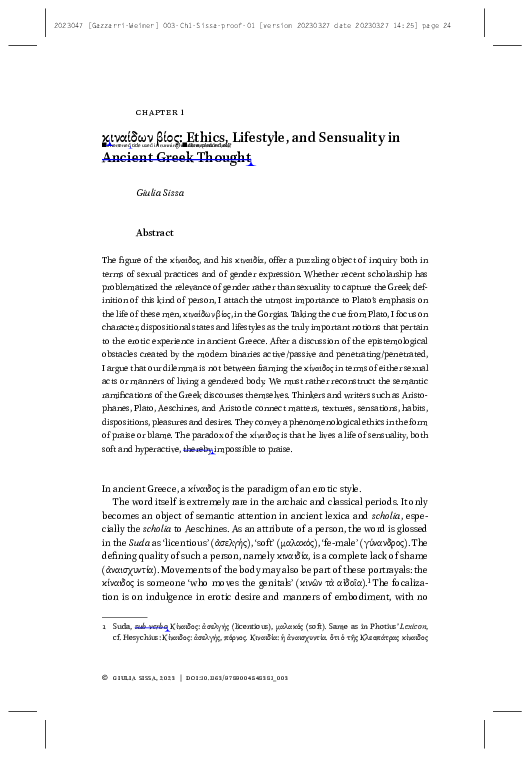 (PDF) “Κιναίδων βίος: Ethics, Lifestyle, and Sensuality in Greek Erotic ...