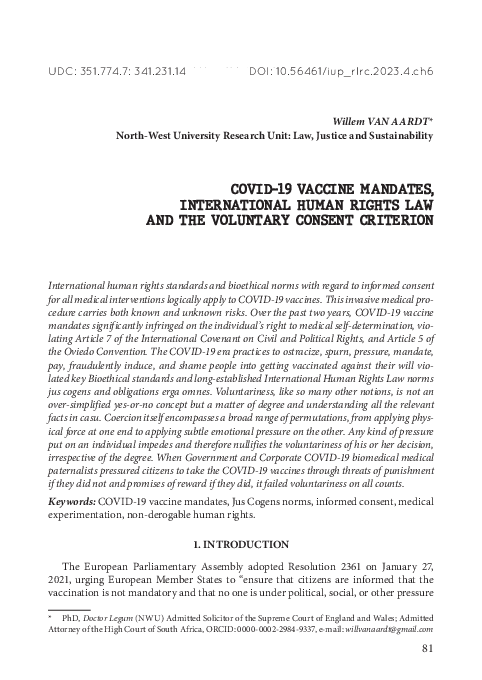 (PDF) COVID-19 VACCINE MANDATES, INTERNATIONAL HUMAN RIGHTS LAW AND THE ...