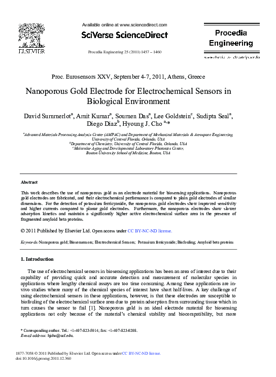 (PDF) Nanoporous Gold Electrode for Electrochemical Sensors in Biological Environment