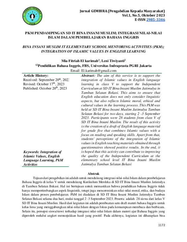 (PDF) PKM PENDAMPINGAN SD IT BINA INSANI MUSLIM; INTEGRASI NILAI-NILAI ISLAM DALAM PEMBELAJARAN ...
