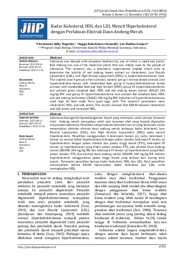 (PDF) Kadar Kolesterol, HDL dan LDL Mencit Hiperkolesterol dengan ...