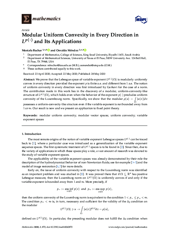 (PDF) Modular Uniform Convexity in Every Direction in Lp(·) and Its Applications | Osvaldo ...