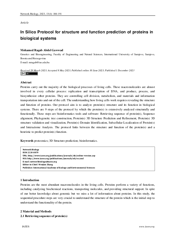 (PDF) In Silico Protocol for structure and function prediction of proteins in biological systems