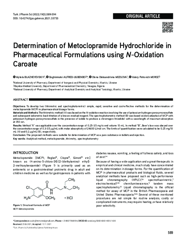 (PDF) Determination of Metoclopramide Hydrochloride in Pharmaceutical Formulations using N ...