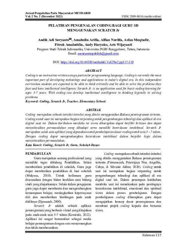 (PDF) PELATIHAN PENGENALAN CODING BAGI GURU SD MENGGUNAKAN SCRATCH Jr