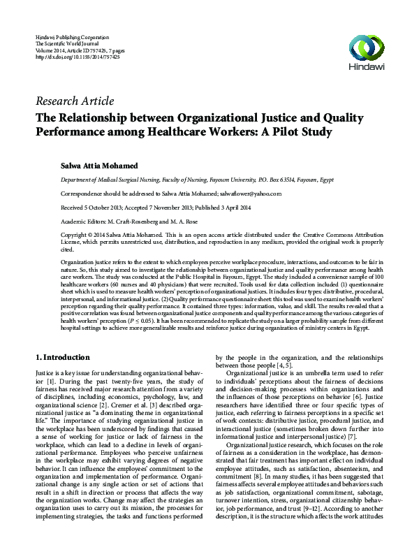 (PDF) The Relationship between Organizational Justice and Quality Performance among Healthcare ...