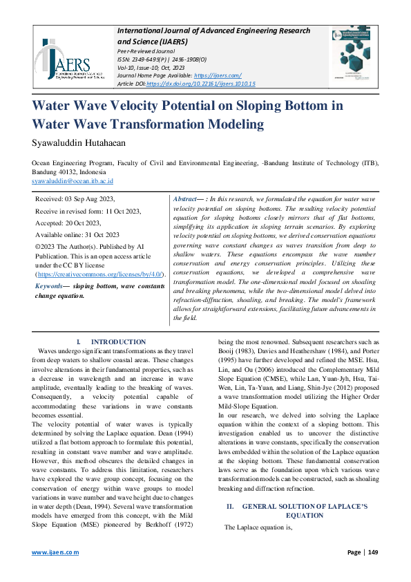 (PDF) Water Wave Velocity Potential on Sloping Bottom in Water Wave ...