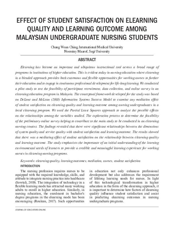 (PDF) Effect of Student Satisfaction on e-learning Quality and Learning Outcome Among Malaysian ...