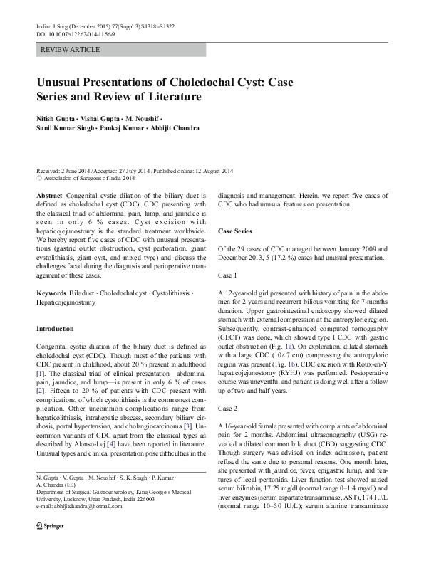 (PDF) Unusual Presentations of Choledochal Cyst: Case Series and Review of Literature | Vishal ...