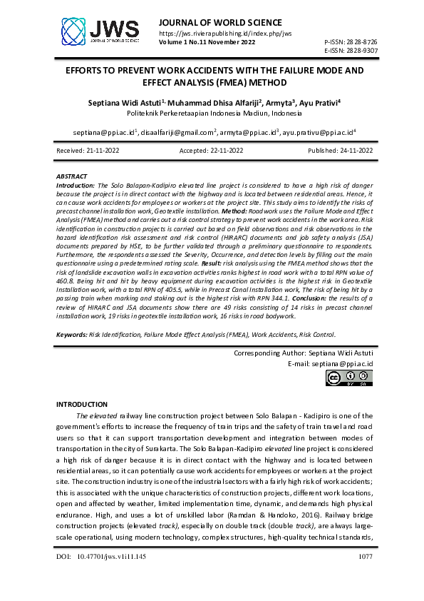 (PDF) Efforts To Prevent Work Accidents with Failure Mode and Effect Analysis (FMEA) Method
