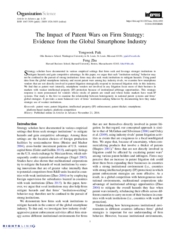 (PDF) The Impact of Patent Wars on Firm Strategy: Evidence from the ...