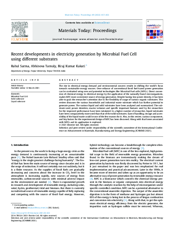(PDF) Recent developments in electricity generation by Microbial Fuel Cell using different ...