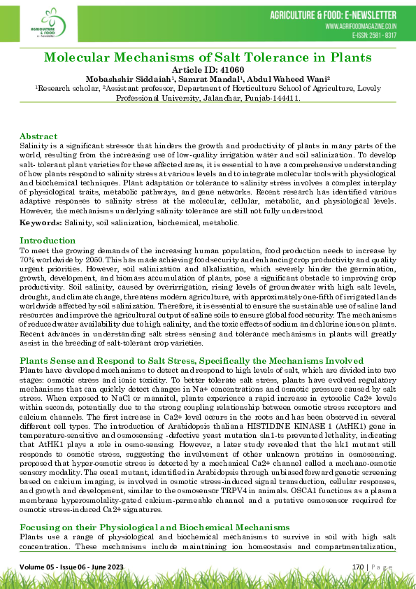 (PDF) Molecular Mechanisms of Salt Tolerance in Plants Article ID: 41060