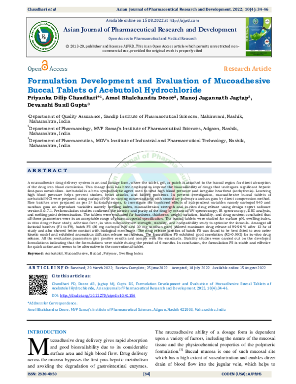 Pdf Formulation Development And Evaluation Of Mucoadhesive Buccal Tablets Of Acebutolol