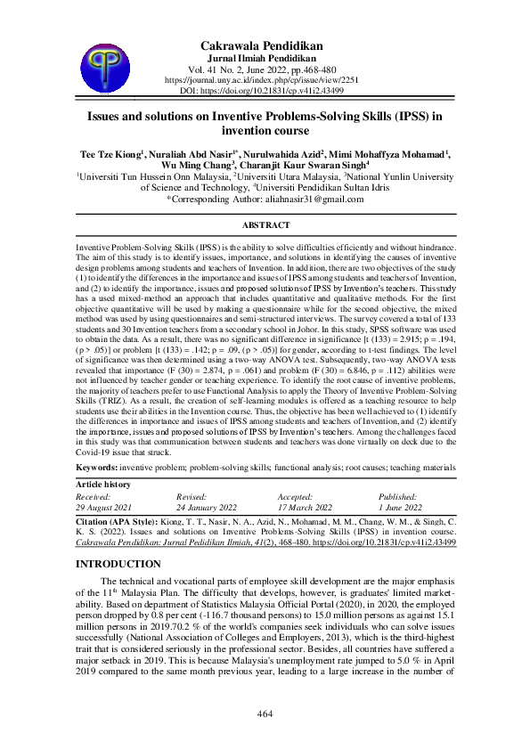 (PDF) Issues and solutions on inventive problems-solving skills (IPSS) in invention course