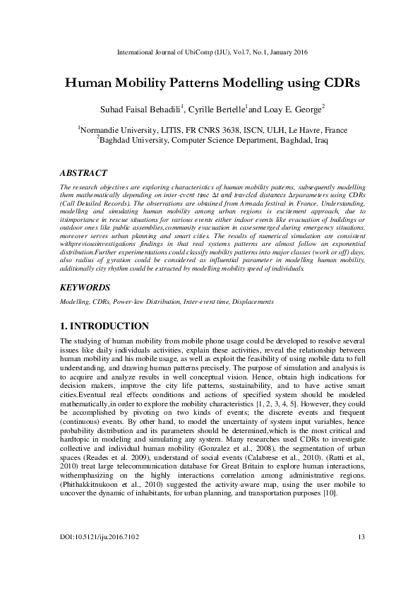 Pdf Human Mobility Patterns Modelling Using Cdrs