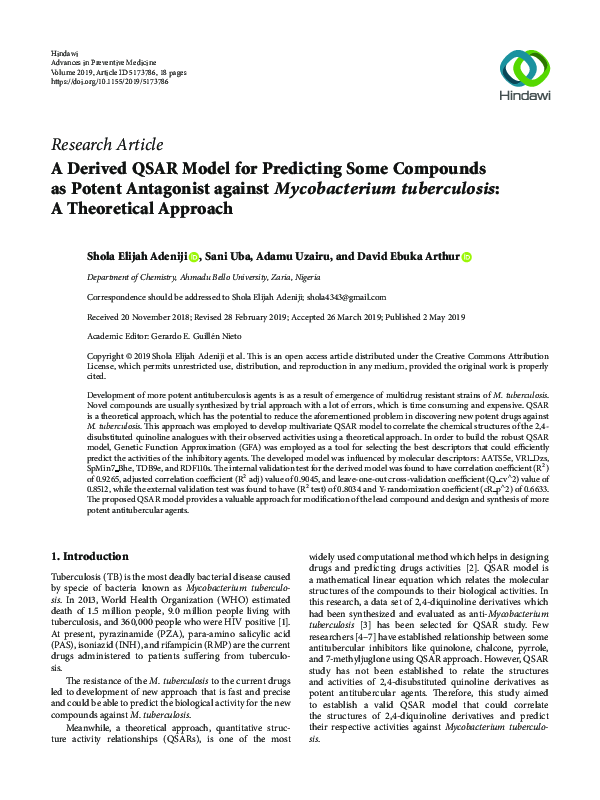 Pdf A Derived Qsar Model For Predicting Some Compounds As Potent Antagonist Against