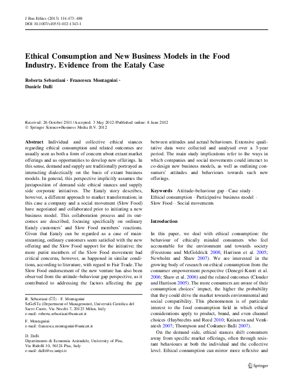 (PDF) Ethical Consumption and New Business Models in the Food Industry ...