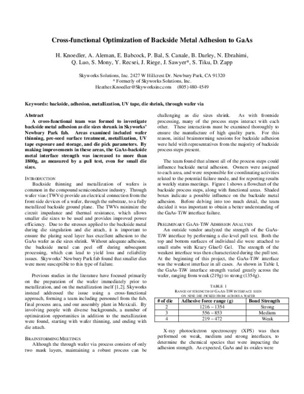 (PDF) Cross-functional Optimization of Backside Metal Adhesion to GaAs