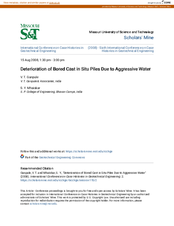 (PDF) Deterioration of Bored Cast in Situ Piles Due to Aggressive Water