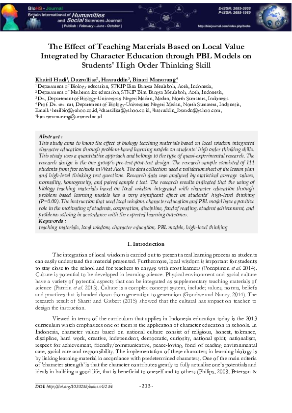 (PDF) The Effect of Teaching Materials Based on Local Value Integrated by Character Education ...