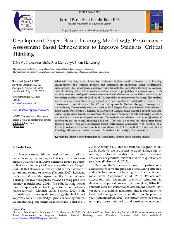 (PDF) Development Project Based Learning Model with Performance Assessment Based Ethnoscience to ...