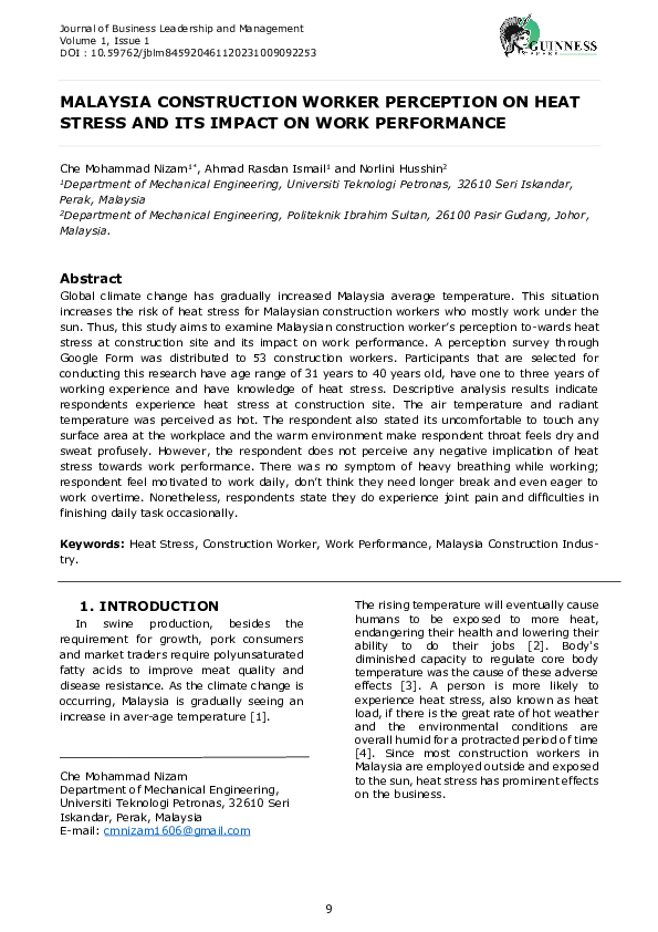 (PDF) Malaysia Construction Worker Perception On Heat Stress And Its Impact On Work Performance