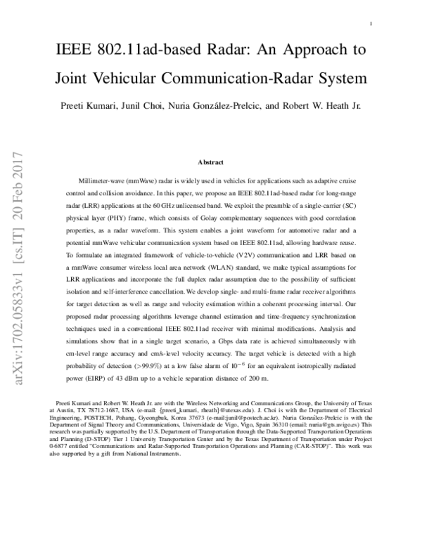 (PDF) IEEE 802.11ad-Based Radar: An Approach to Joint Vehicular Communication-Radar System