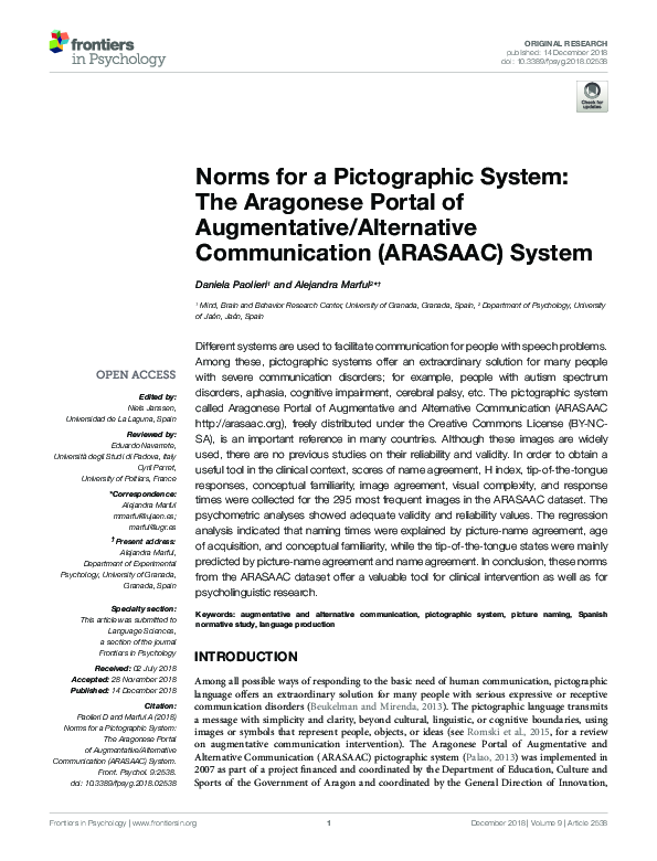 (PDF) Norms for a Pictographic System: The Aragonese Portal of Augmentative/Alternative ...