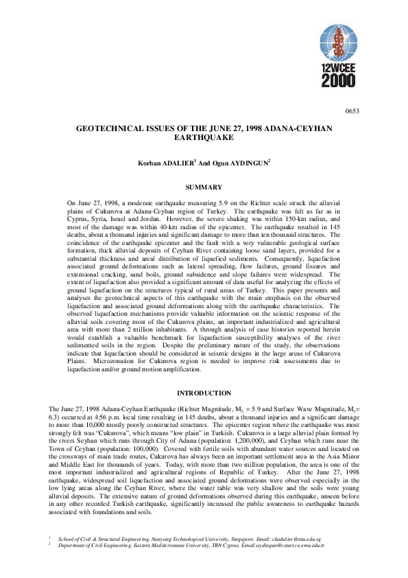 (PDF) Geotechnical issues of the June 27, 1998 Adana-Ceyhan earthquake