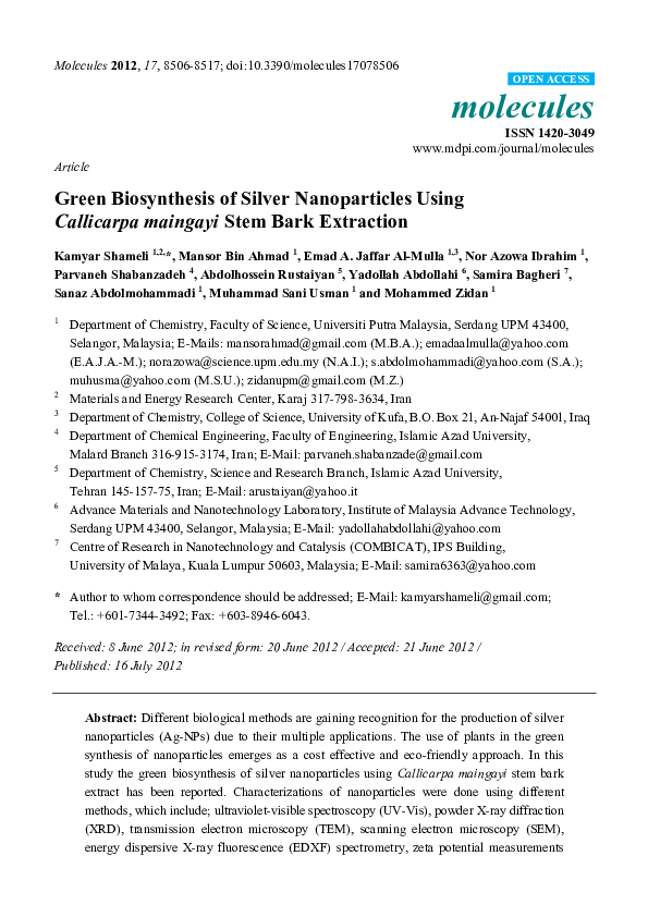(PDF) Green Biosynthesis of Silver Nanoparticles Using Callicarpa maingayi Stem Bark Extraction