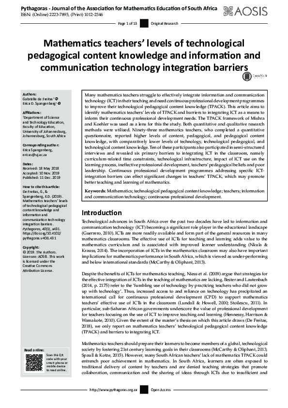 (PDF) Mathematics teachers’ levels of technological pedagogical content knowledge and ...