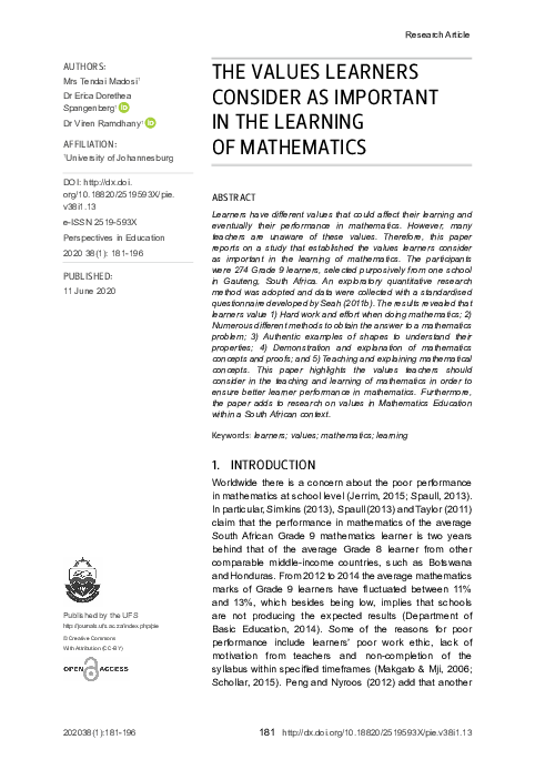 (PDF) The values learners consider as important in the learning of ...