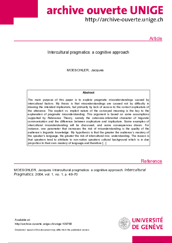 (PDF) Intercultural pragmatics: a cognitive approach