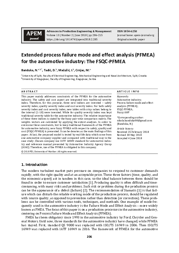 (PDF) Extended process failure mode and effect analysis (PFMEA) for the ...