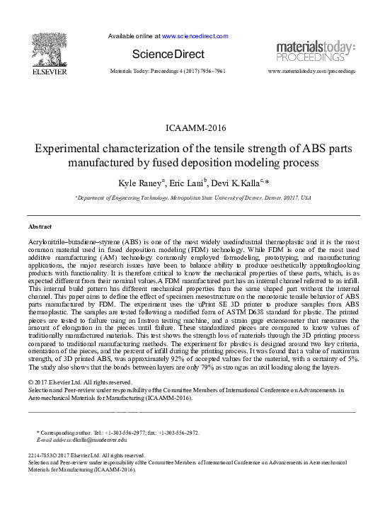 (PDF) Experimental characterization of the tensile strength of ABS parts manufactured by fused ...