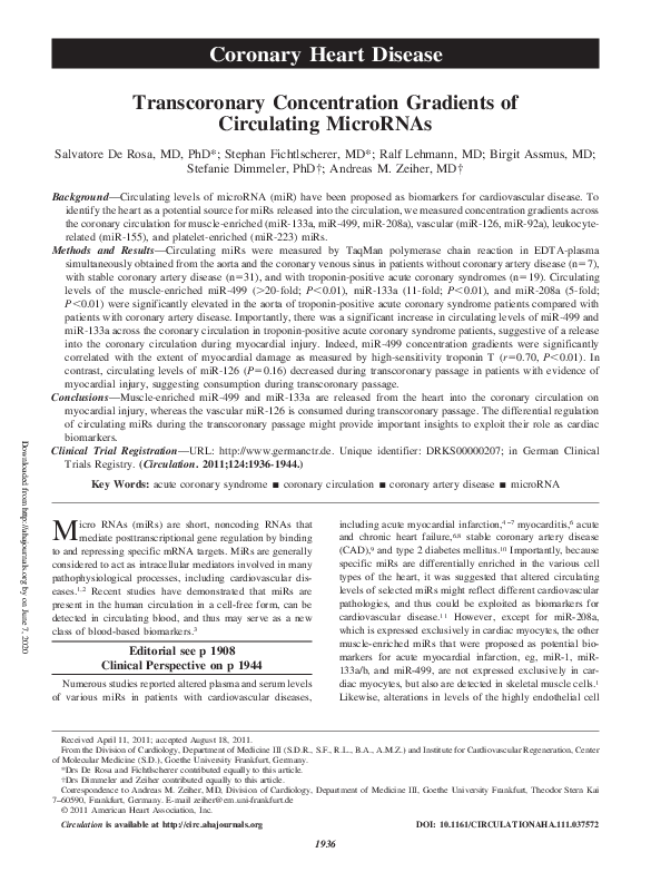 (PDF) Transcoronary Concentration Gradients of Circulating MicroRNAs