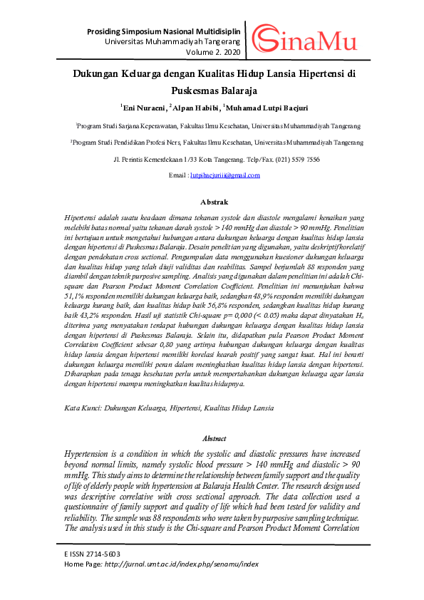 (PDF) Dukungan Keluarga dengan Kualitas Hidup Lansia Hipertensi di Puskesmas Balaraja