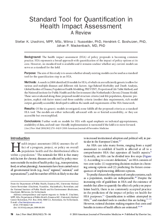 (PDF) Standard Tool for Quantification in Health Impact Assessment