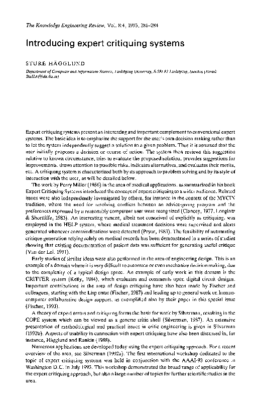 (PDF) Introducing expert critiquing systems