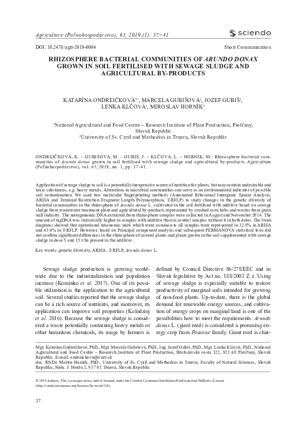 (PDF) Rhizosphere Bacterial Communities of Arundo Donax Grown in Soil Fertilised with Sewage ...