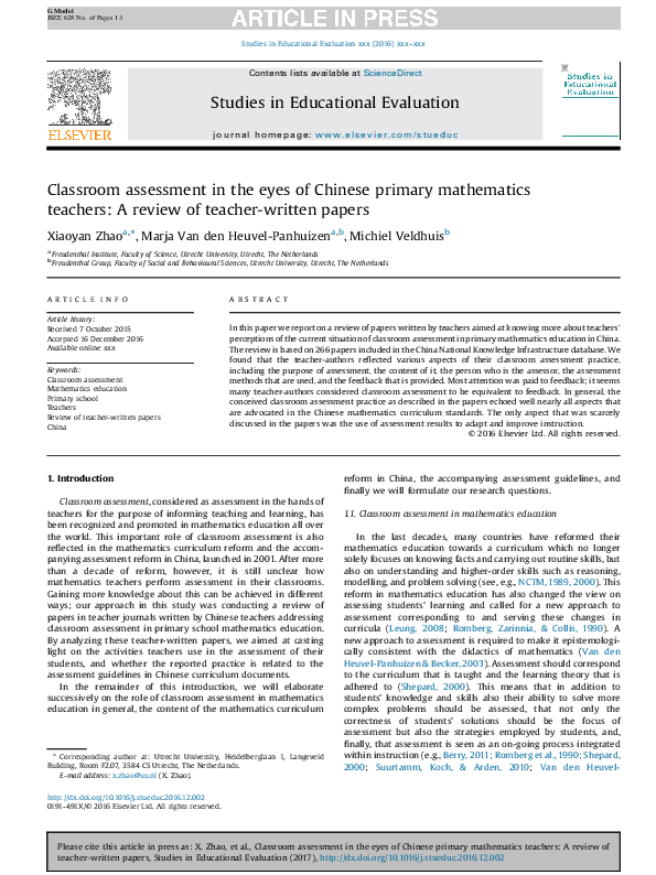 (PDF) Classroom assessment in the eyes of Chinese primary mathematics ...