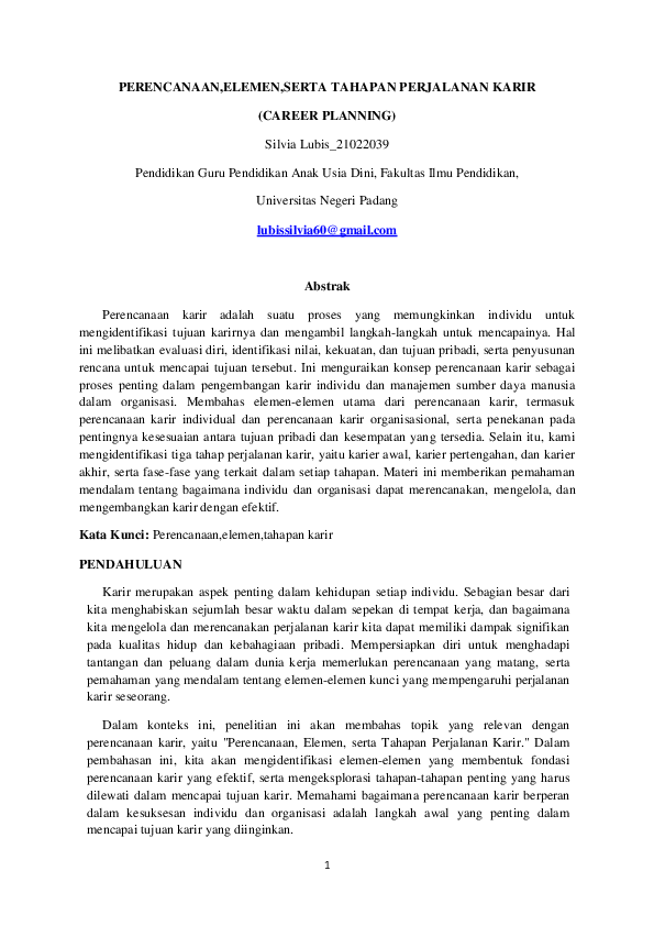 (PDF) PERENCANAAN,ELEMEN,SERTA TAHAPAN PERJALANAN KARIR (CAREER PLANNING