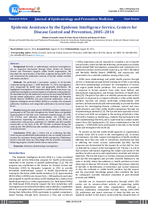 (PDF) Epidemic Assistance by the Epidemic Intelligence Service, Centers ...