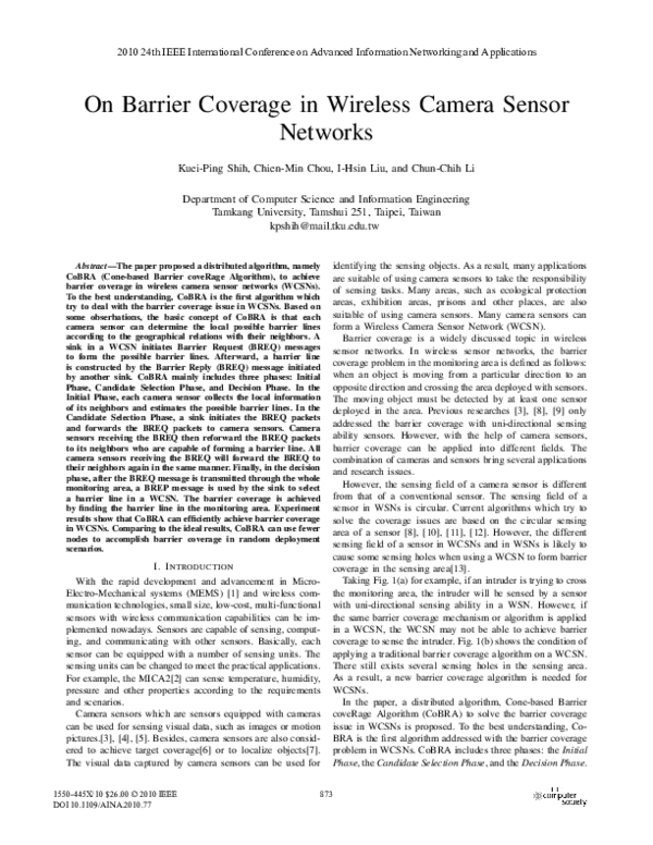 Pdf On Barrier Coverage In Wireless Camera Sensor Networks Kuei