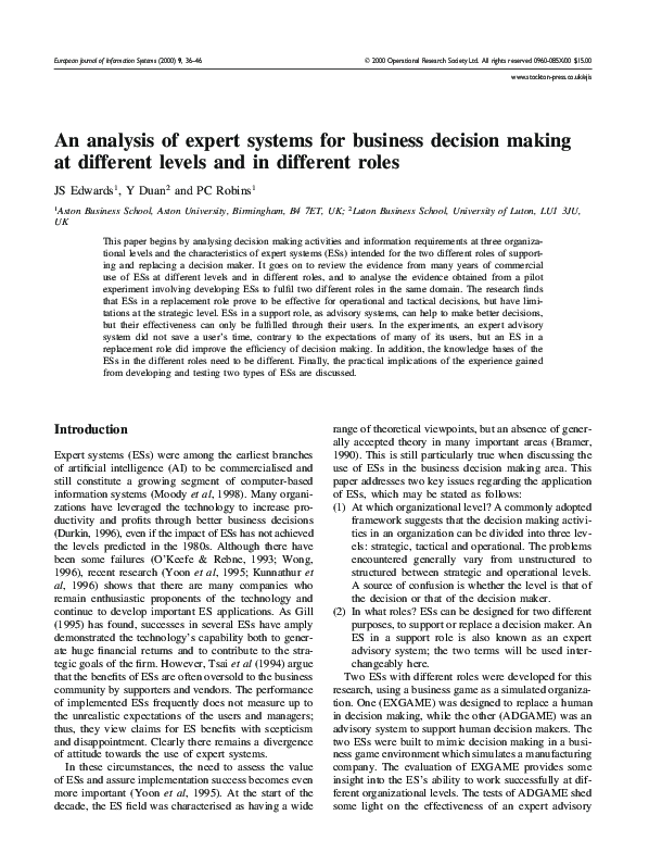 (PDF) An analysis of expert systems for business decision making at ...