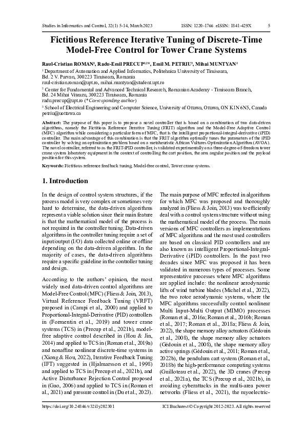 Pdf Fictitious Reference Iterative Tuning Of Discrete Time Model Free Control For Tower Crane